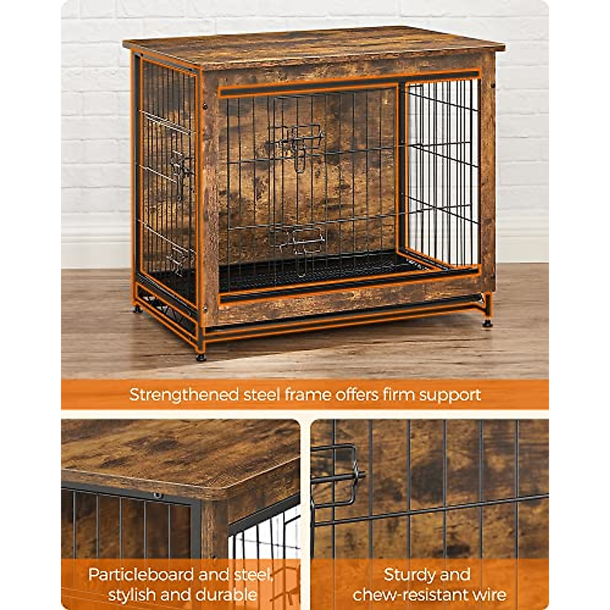 FEANDREA Dog Crate Furniture, Side End Table, Modern Kennel for Dogs Indoor up to 30 lb, Heavy-Duty Dog Cage with Multi-Purpose Removable Tray, Double-Door Dog House, Rustic Brown UPFC001X01