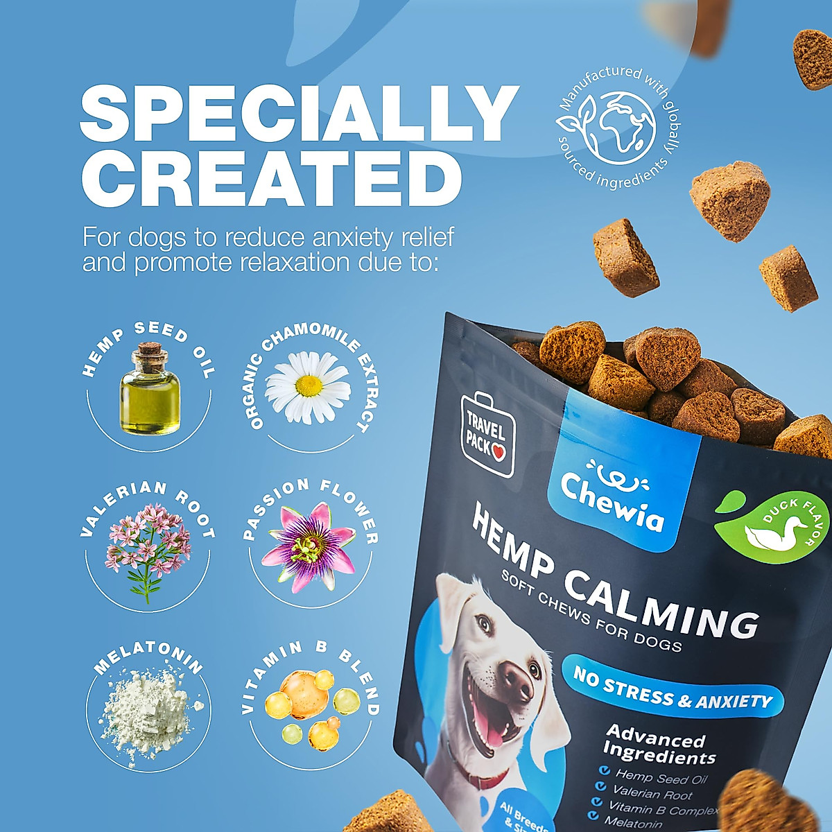 Dog Calming Treats - Hemp Calming Chews for Dogs - Dog Anxiety Relief for Vet Visits, Travel, Thunderstorms - L-Theanine, Chamomile Extract, Valerian Root