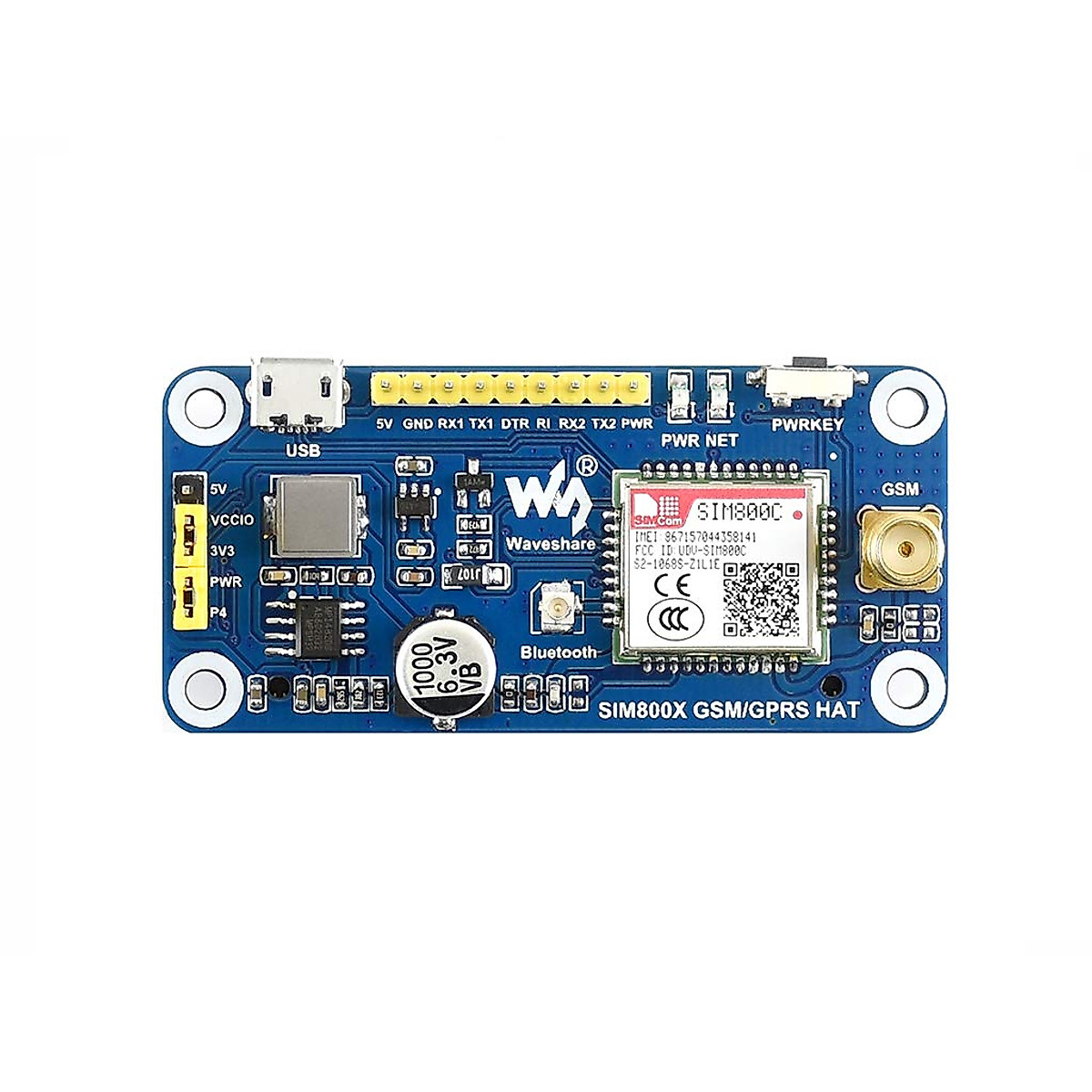 Waveshare GSM/GPRS/Bluetooth 3.0 HAT for Raspberry Pi 2B/3B/3B+/Zero/Zero W Based on SIM800C Support SMS Data Transfer ect