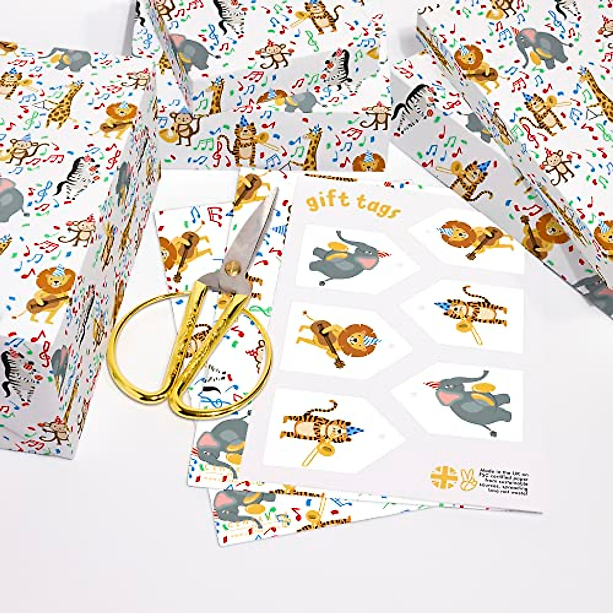 CENTRAL 23 Baby Shower Wrapping Paper Neutral - 6 White Gift Wrap Sheet - Musical Animals - Birthday Wrapping Paper Girls Boys Kids - Comes With Fun Stickers