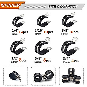 ISPINNER 52pcs Cable Clamps Assortment Kit, 304 Stainless Steel Rubber Cushion Pipe Clamps in 6 Sizes 1/4" 5/16" 3/8" 1/2" 5/8" 3/4"