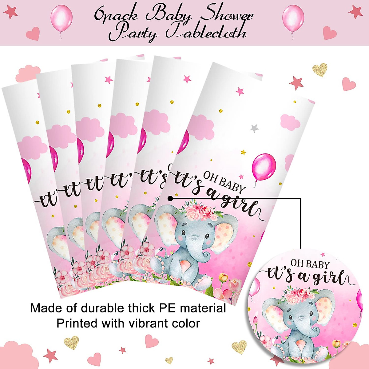 6 Pack Elephant Baby Shower Tablecloth Decorations, Elephant Baby Shower Decorations, Plastic Tablecloth Table Cover Backdrop for Baby Boy Girl Gender Baby Shower Party Supplies, 54 x 108 Inch, Pink