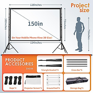 AAJK 150in Projector Screen and Stand,Portable 16:9 4K HD Indoor Outdoor Projection Screen with Wrinkle-Free Design, Ideal for Home Theater and Backyard Cinema – Includes Carry Bag
