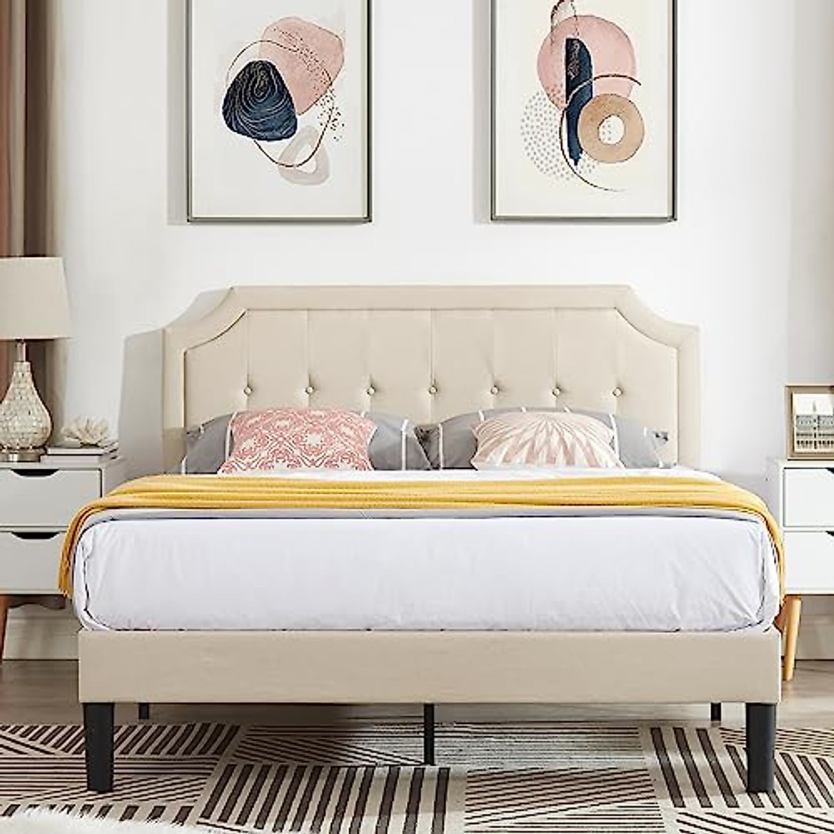 VECELO Upholstered Platform Bed Frame with Adjustable Headboard, Wooden Slats Support, No Box Spring Needed, Modern Style, Queen Size