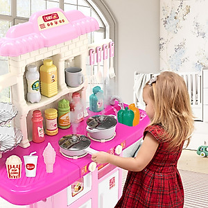 Play Kitchen Girls Toy Pretend Food - Kitchen Toys for Kids Ages 4-8, Kitchen Set for Toddlers 1-3, Play Kitchen Accessories w/Real Sounds Light, for Girls Boys Age 2 3 4 5 6 7