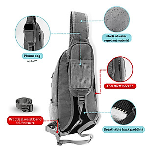 Kellyon Sling Bag Crossbody Sling Backpack Travel Hiking Casual Daypack Chest Bag for Men Women, Gray
