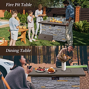 PIZZELLO 43" Propane Fire Pit Table Outdoor Rectangular Stone Firepit Table 50000 Btu Propane Fire Tables for Outside Patio with Glass Wind Guard, Lid, Fire Glass Beads, Pizzello Caldo (Gray Stone)