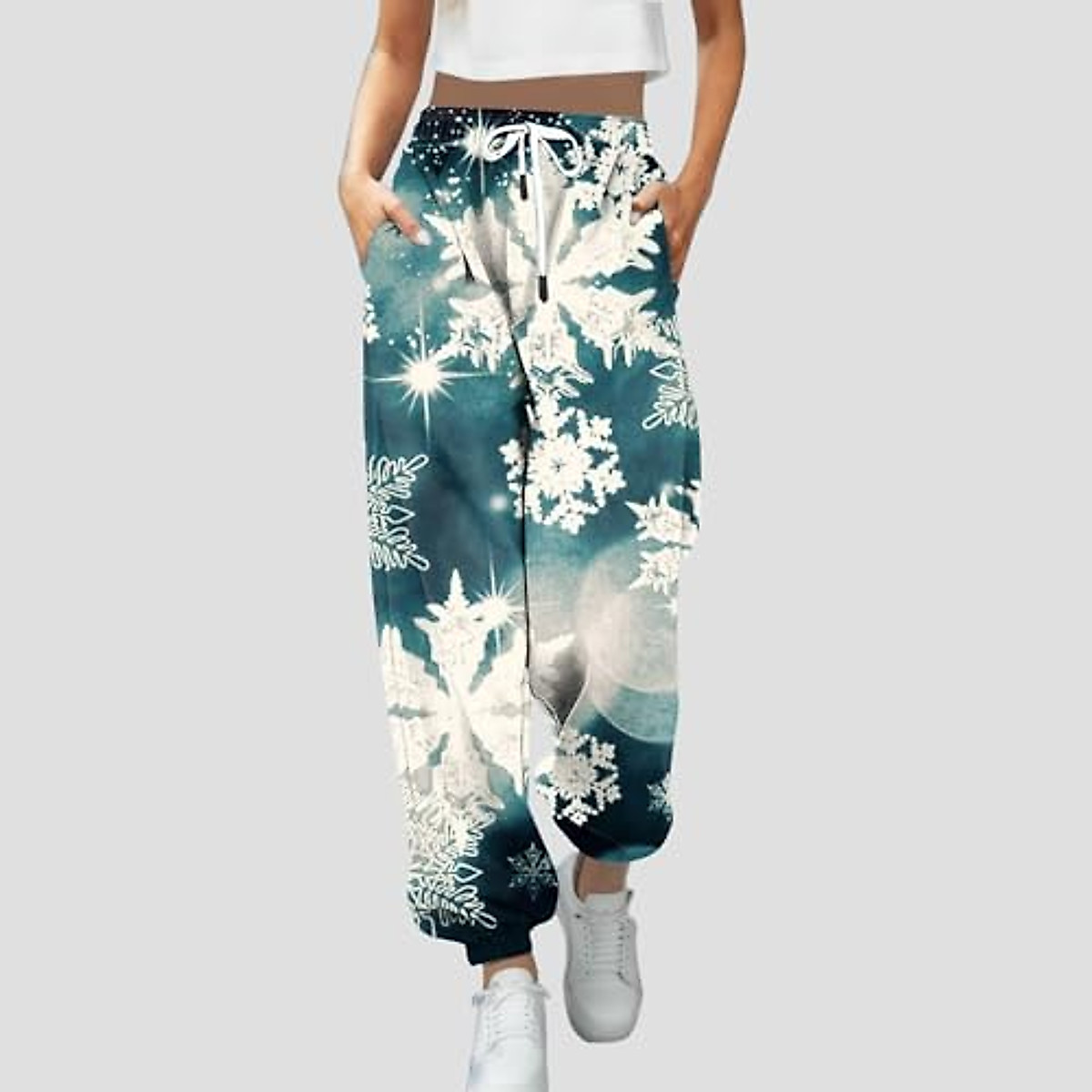 Oversized Sweatpants,High Waisted Sweatpants for Women Christmas Print Elastic Waisted Workout Jogging Drawstring Casual Baggy Lounge Bottoms Snowflake Graphic Print Light Blue XL