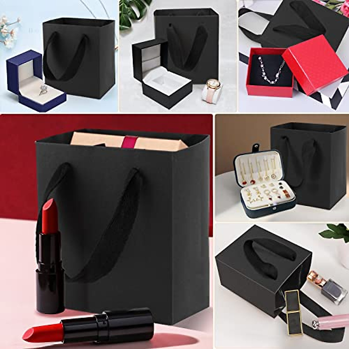 EUSOAR Black Mini Gift Wrap Bags, 50 Pack 4x2.75x4.5 inches Paper Bags with Handles, Heavy Duty Totes Bulk for Wedding, Grocery, Boutique, Retail, Business, Party Favors, Baby Showers, Birthdays