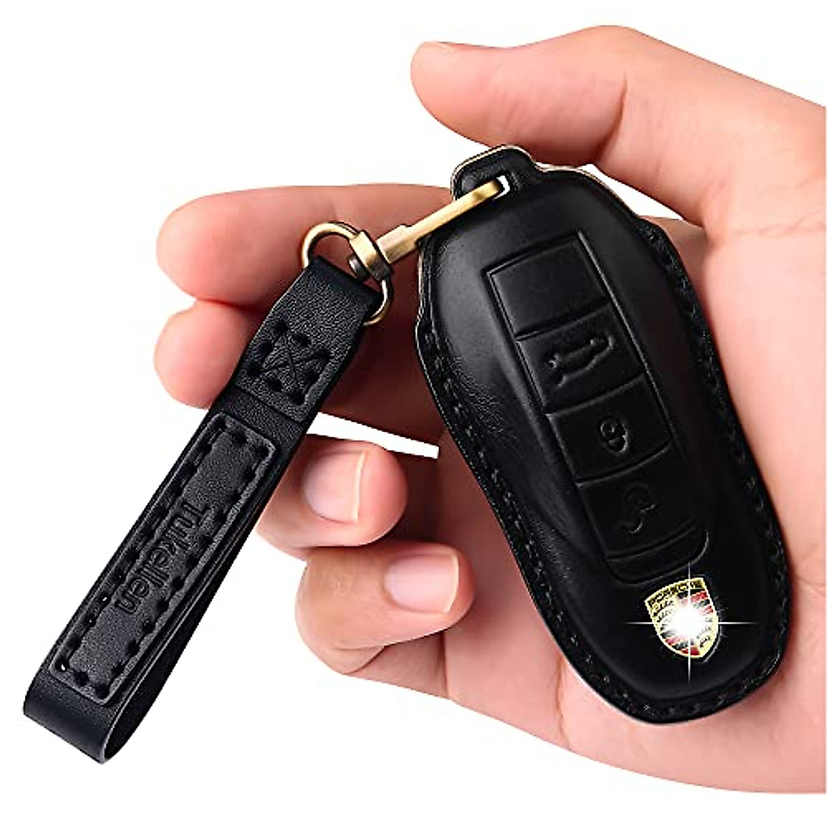 Tukellen for Porsche Leather Key Fob Cover with Keychain Key Shell Compatible with Porsche Panamera, Macan, Cayenne, 911-Black