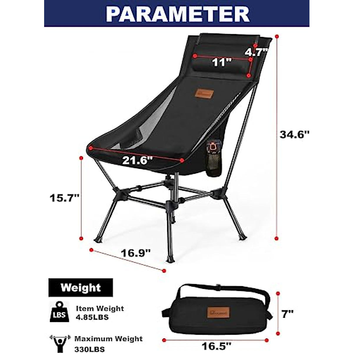 DRAXDOG Camping Chair, 2 Way Compact Backpacking Chair, Portable Folding Chair, Beach Chair with Side Pocket, Lightweight Hiking Chair 001 (Black)