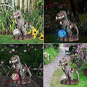 Solar Garden Statue Outdoor Decor Garden Dinosaur Eating Gnomes Figurine with LED Lights, Yard Art Ornaments for Fall Garden Sculptures & Statues for Outside Lawn Patio Yard Garden Birthday Gifts