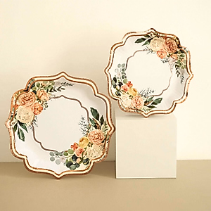 Efavormart 25 Pack | Floral 10" Scallop Rim Dinner Party Paper Plates, Disposable Plates - 300 GSM