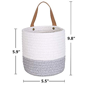 2pack Small Hanging Basket-Cotton Rope Wall Basket with Handle, Hanging Storage Basket, Shelf Baskets Storage Bin Closet Organizer 6"×6.3", Woven Plant Basket - (White & Grey)