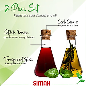 Simax Borosilicate Glass Oil & Vinegar Dispenser Set - 2 x 8 Oz Olive Oil & Vinegar Cruet with Cork Top