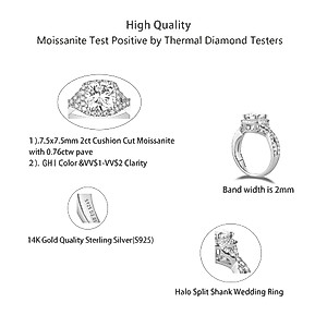 DovEggs Moissanite Engagement Rings for Women 2ct Center 7.5x7.5mm GHI Color Cushion Cut Near Colorless Moissanite Halo Split Shank Wedding Ring 14k Gold QUALITY Sterling Silver(9)