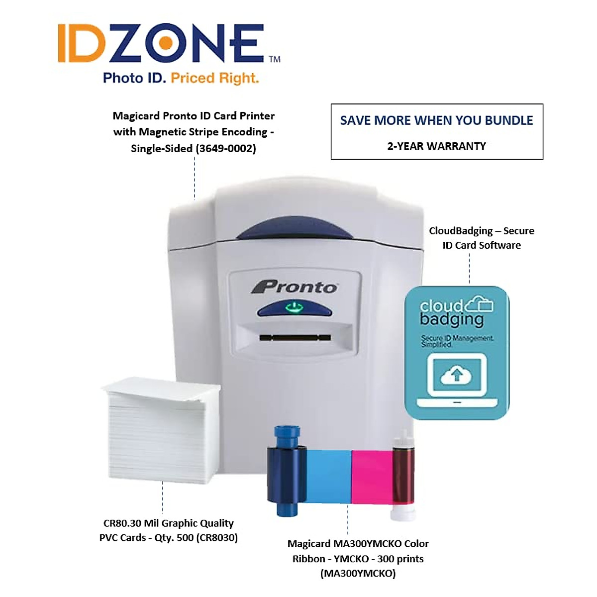 Magicard Pronto ID Card Printer - Single-Sided - 3649-0001 w/Magicard MA300YMCKO Color Ribbon - YMCKO - 300 Prints, Premium White Blank Plastic CR80 30 Mil PVC Cards (500 Pack), & CloudBadging Lite