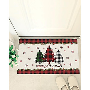 Indoor Doormat Xmas Tree Winter Snow,Shaggy Floor Mat with Non-Skid Backing Pine Cones Red Black Buffalo Check,Machine Washable Plush Area Rug Carpets for Kitchen Nursery Bedroom 16x24in