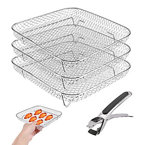 Square Air Fryer Rack,3 Layer Stainless Steel Stackable Dehydrato-r Rack with An-ti-scalding Clip,Stainless Steel Multi-Layer Dehydrato-r Rack Air fryer Accessories(Silver)