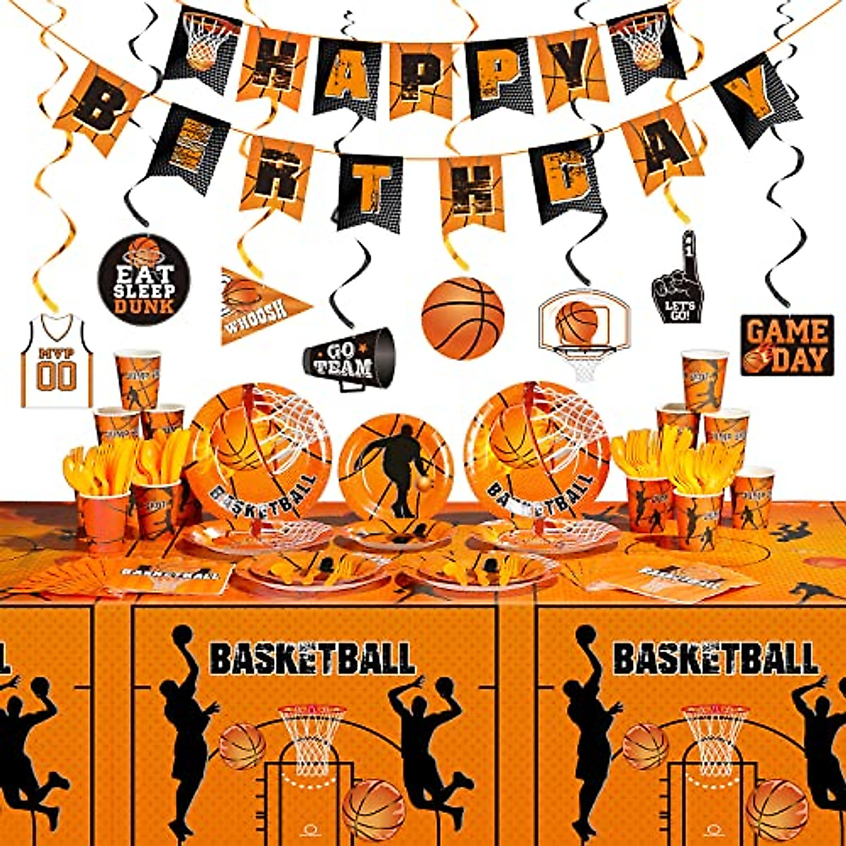 181 Pcs Basketball Theme Birthday Party Decorations 2 Basketball Sports Tablecloth 8 Hanging Swirls Basketball Hoop Banner 24 Set Basketball Tableware Plates Cups Napkins for Boy Kids Party Decor