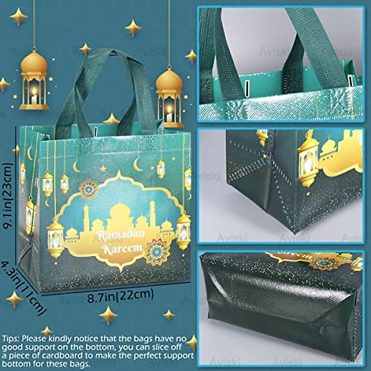 Aviski 16PCS Eid Mubarak Reusable Gift Bags, Treat Bags with Handles, Ramadan Mubarak Party Bags, Multifunctional Non-Woven Eid Bags for Gifts Wrapping, Ramadan Kareem Party Supplies, 23×22×11cm