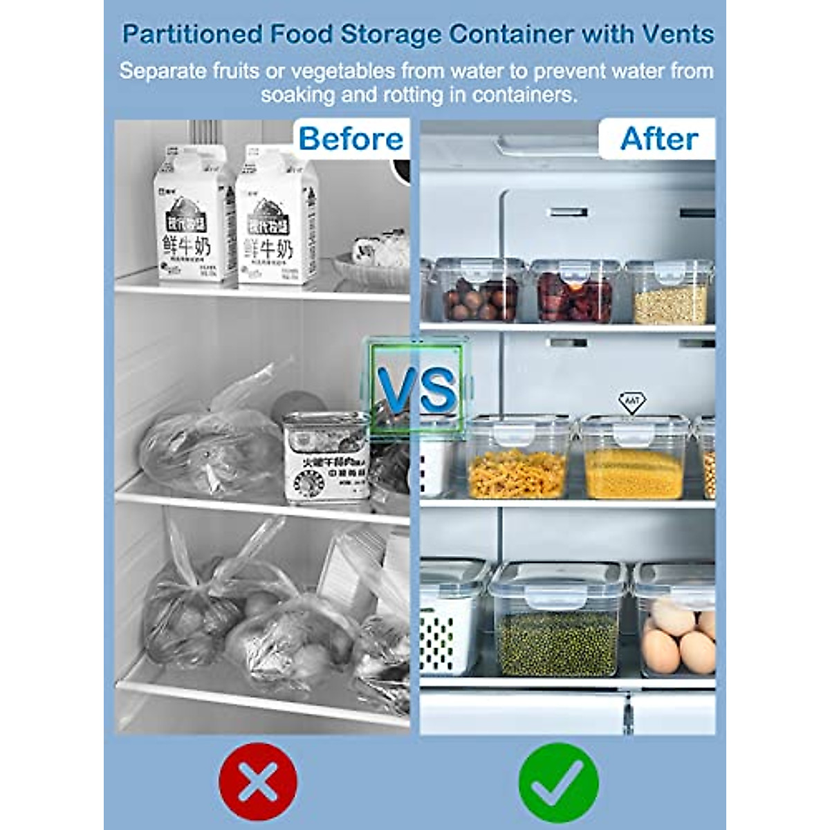 GOJUSO 4 Size Fruit Storage Containers for Fridge with Lids Clear Plastic Box Food Organization Stackable Organizer