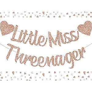 JOYMEMO Rose Gold Glitter Little Miss Threenager Banner Garland for Baby Girls Third Birthday Decorations 3 Year Old 3rd Birthday Party Supplies