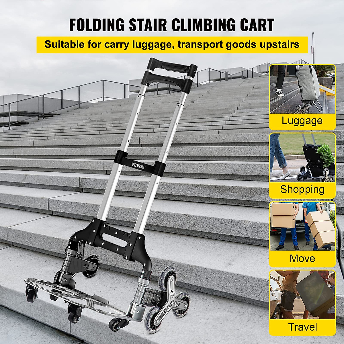 VEVOR Stair Climbing Cart, 15.4" x 10.6" Folding Hand Truck, 176 LBS Weight Capacity Aluminum Alloy Hand Cart with 10 Crystal Castors Suitable for Carry Luggage, Shopping Groceries, Transport Goods