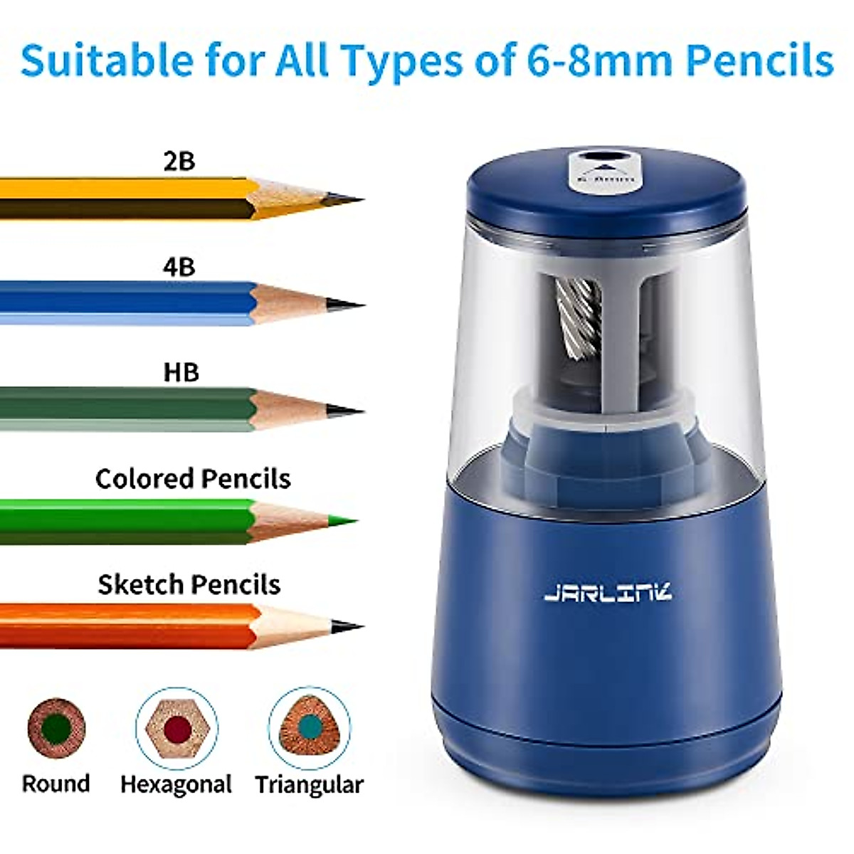 JARLINK Electric Pencil Sharpener, Heavy-Duty Helical Blade to Fast Sharpen, Auto Stop for No.2/Colored Pencils(6-8mm), USB/Battery Operated in School Classroom/Office/Home (Blue)