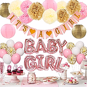 Ouddy Party Pink Baby Shower Decorations for Girl with Its a Girl Banner, Baby Girl Letter Pink Gold Confetti Balloons Paper Pom Poms for Girl Baby Shower Gender Reveal Party Supplies