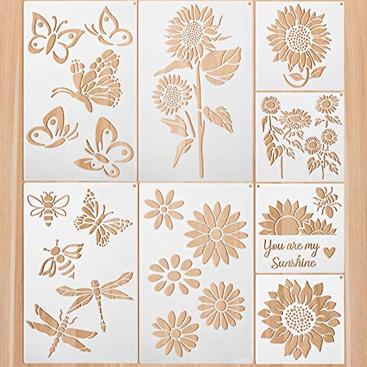 8 Pieces Sunflower Butterflies Painting Stencils for Painting on Wood Flower Butterfly Stencil Kit for Painting on Wall Canvas You are My Sunshine Reusable Plastic Template for Door Home Decoration