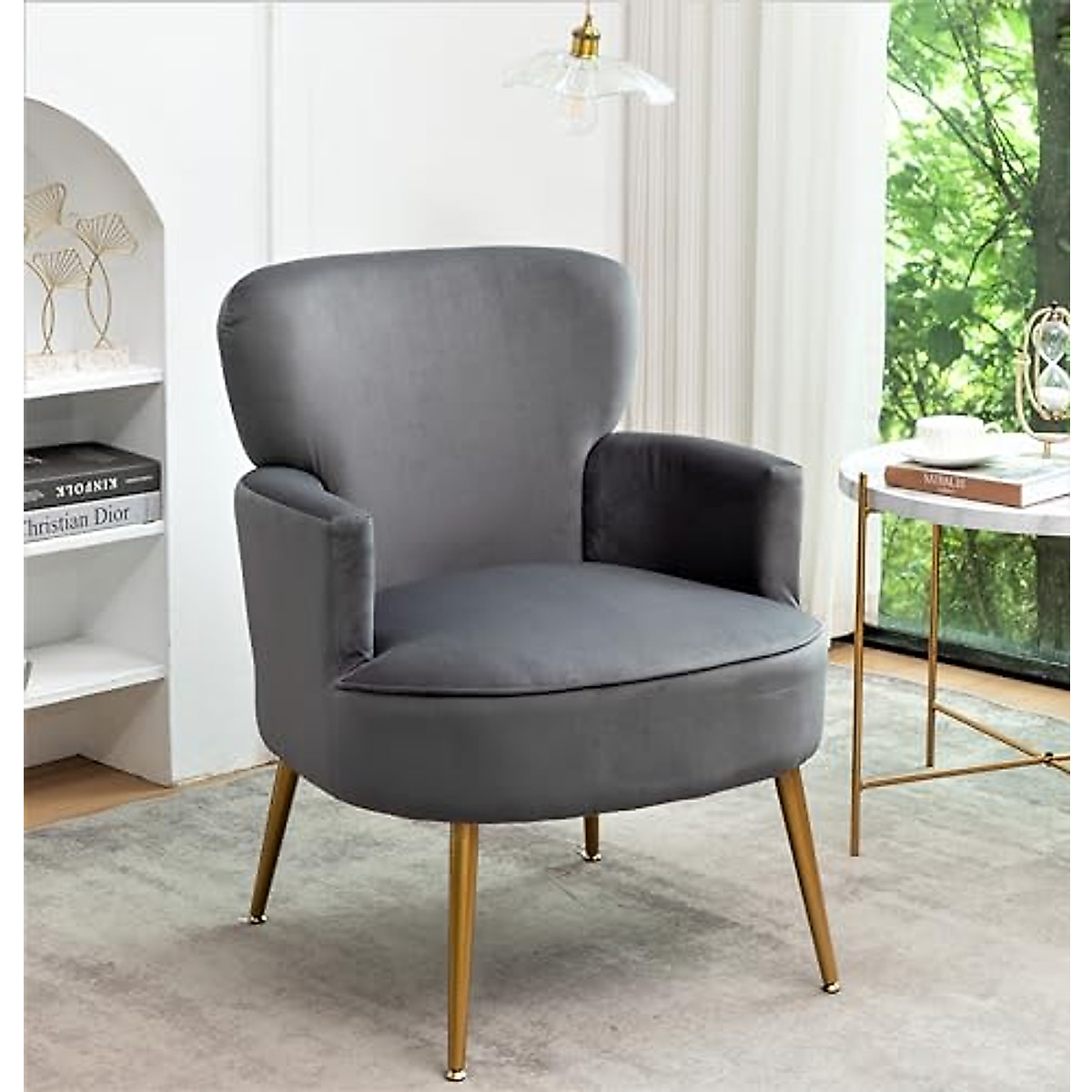 Container Furniture Direct Trendy Velvet Accent Chair with Gold Metal Legs, Upholstered Armchair for Small to Mid-Size Spaces, Modern Living Room, Bedroom, Vanity Desk and Entryway, Medium, Grey
