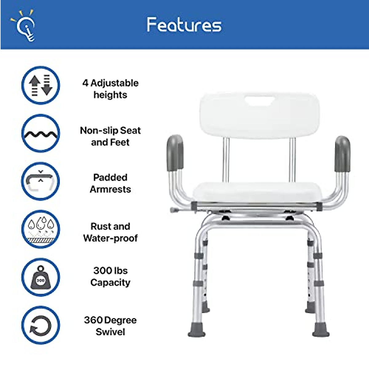 IdeaEuropa Premium Bathroom Swivel Shower Chair Pivoting Bath Bench with Back - Heavy Duty 360 Degree Swivel Seat
