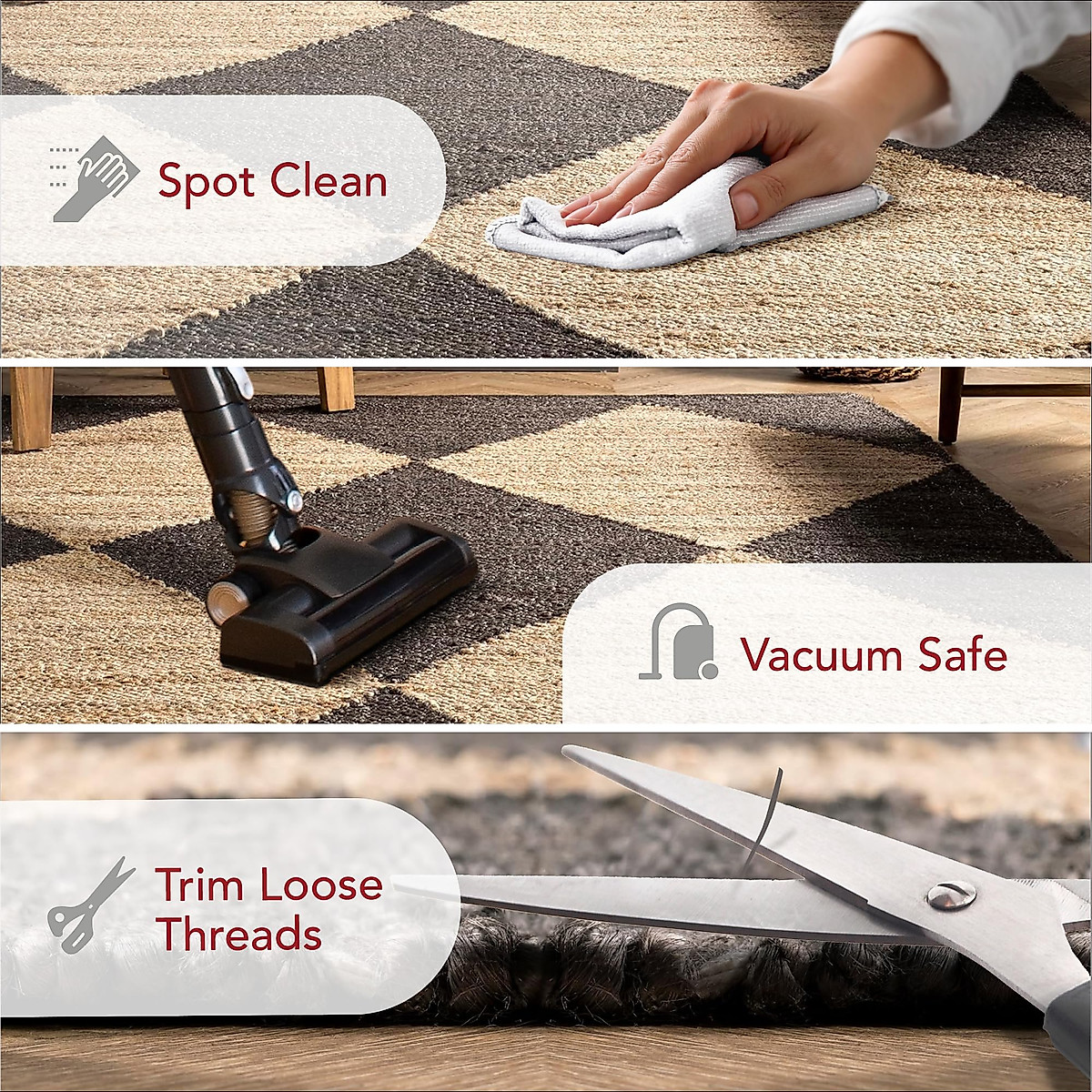 nuLOOM Pandora Diamond Jute Area Rug - 3x5 Jute Accent Rug Global Inspired Black/Ivory Rugs for Dining Room Rug Neutral Rug Living Room Rug Entryway Kitchen