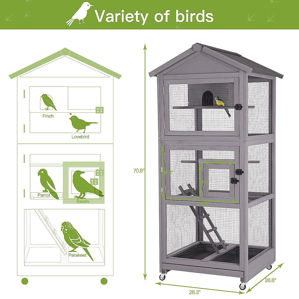 GUTINNEEN Outdoor Bird Aviary Wooden Large Bird Cage on Wheels, Featuring Play Stand, Perches, Nest Habitat, Include Wire Mesh above Bottom Tray Easy to Clean