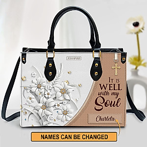 Jesuspirit Personalized Leather Handbags For Women - It Is Well With My Soul Religious Bag, Bible Bags - Christian Gifts Jesus Stuff For Women - Church Bag, Bible Purse Medium Size