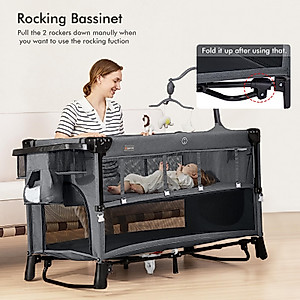 ANGELBLISS 5 in 1 Baby Bassinet Bedside Crib, Rocking Bassinet with Diaper Changer, Pack and Play Bassinet, Folding Playpen Portable Playard with Hanging Toys, Sheet& Mattress, from Newborn to Toddles