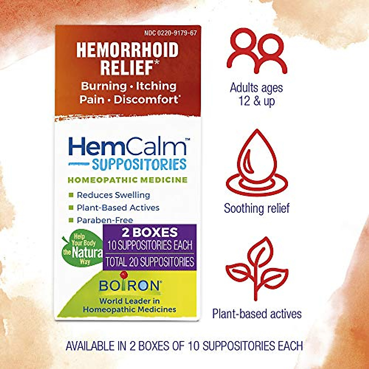 Boiron HemCalm Suppositories for Hemorrhoid Relief of Pain, Itching, Swelling or Discomfort - 10 Count (Pack of 2)