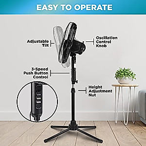 Comfort Zone CZST161BTEBK 16” Oscillating Pedestal Fan, 3-speed Options, 90-Degree Oscillating Head, Adjustable Height and Tilt, Powerful Air Flow, Black