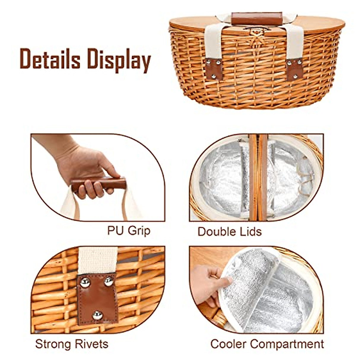 Picnic Basket Set for 2 with Insulated Cooler Bag and Cutlery Service Kits, Wooden Lids & Handles Willow Picnic Hamper Basket W/Lining for Camping, Party, Wedding, Halloween, Christmas (White)