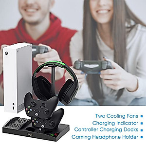 Auarte Upgraded Cooling Fan Stand for Xbox Series S Console,Wireless Controller Dual Charging Station Dock with 2 x 1400mAh Rechargeable Batteries Packs,Headset Holder for Xbox Series S,Black