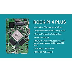 Rock Pi 4 Plus Rockchip RK3399(OP1) Single Board Computer LPDDR4 2GB with WiFi 5 and Bluetooth 5.0 Support Twister OS (2GB RAM+16GB eMMC)