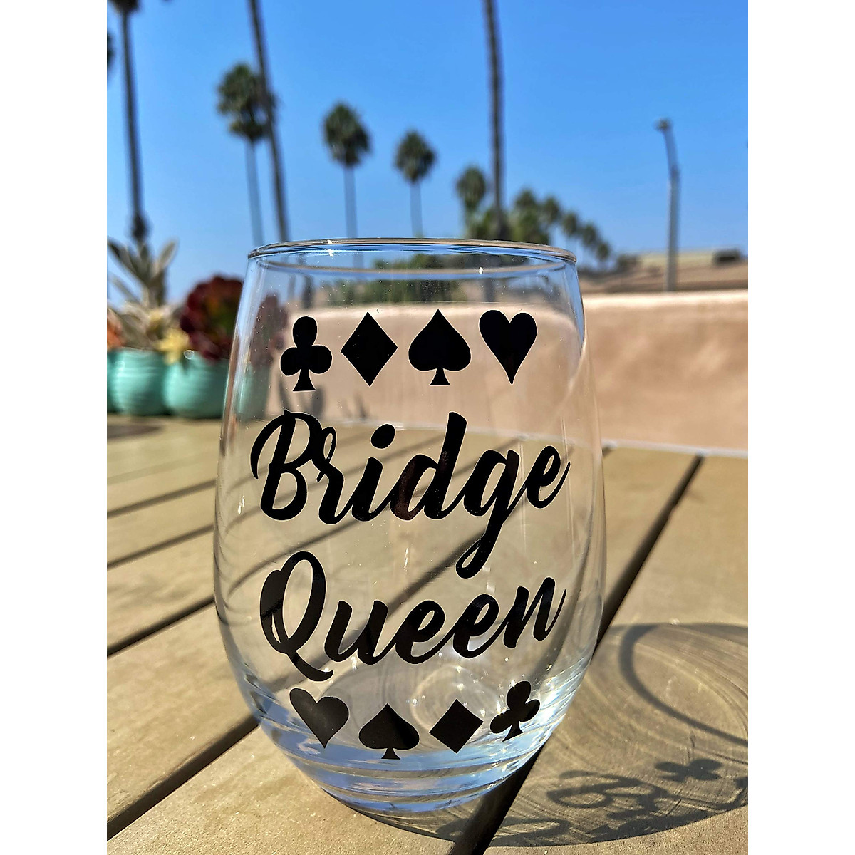 Bridge Card Game Player Prize - Bridge Queen - Gift for Grandma - Premium 21oz Stemless Wine Glass
