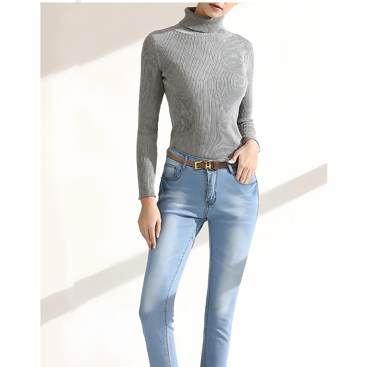 Larsweryar Women’s Belts，Skinny Elegantes Fashion Slim Leather Belt With Gold Buckle，Applicable to Dress Jeans slacks (Khaki, 25"-33"(102CM))