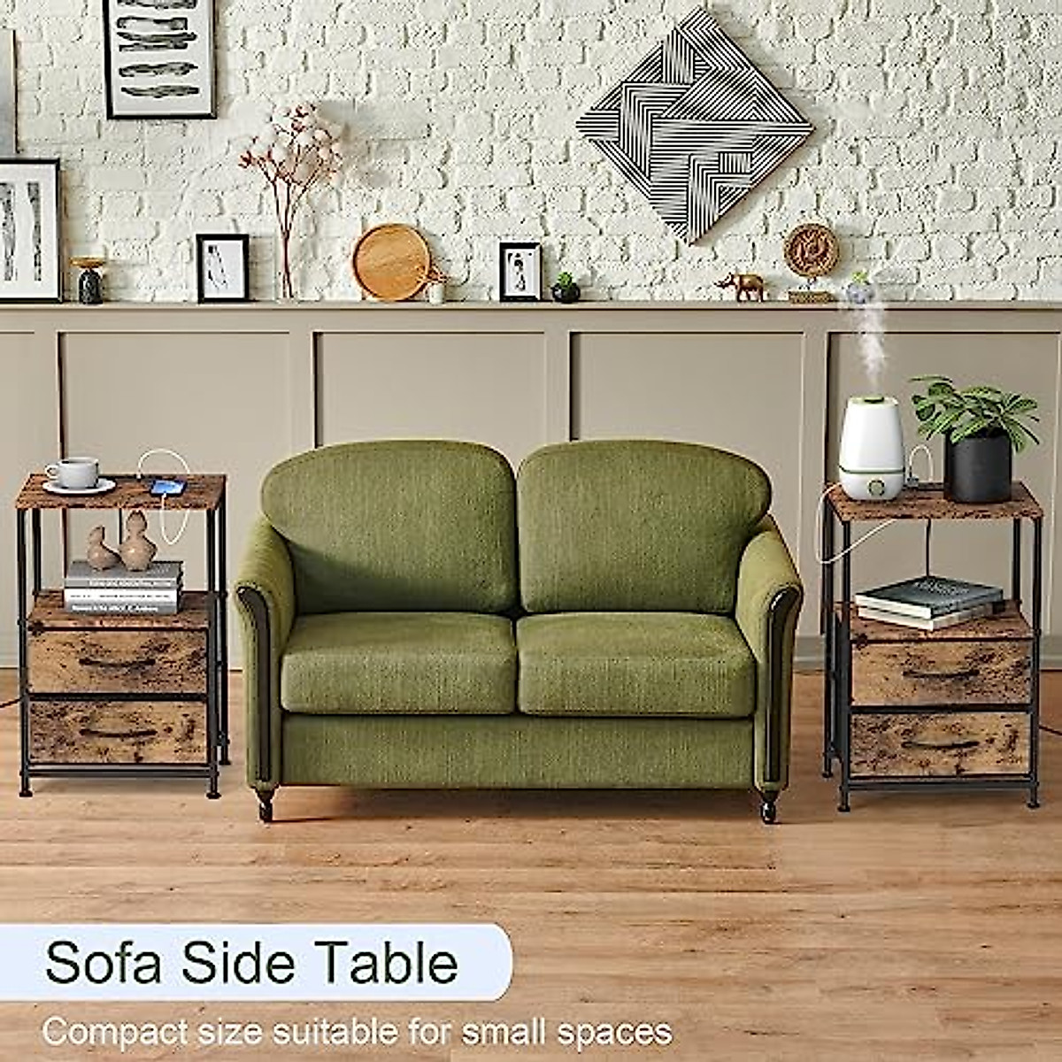 YBING Nightstand with Charging Station End Table with USB Ports and Outlets Bedside Table with Open Shelf Side Table with Fabric Drawers Industrial Night Stand for Bedroom Living Room (Brown)