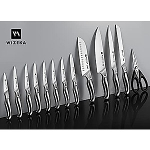 WIZEKA Kitchen Knife Set with Block, NSF Certified 15pcs German Steel 1.4116 Knife Block Set, Professional Chef Knife Set with Built-in Sharpener, Starry Sky Series