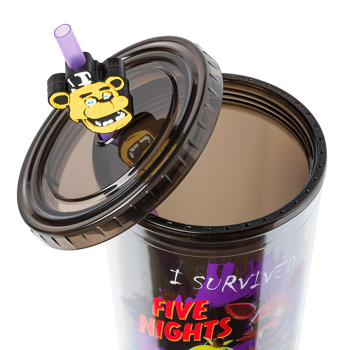 Silver Buffalo Five Nights at Freddy's I Survived Plastic Cold Cup with Lid and Topper Straw, 24 Ounces