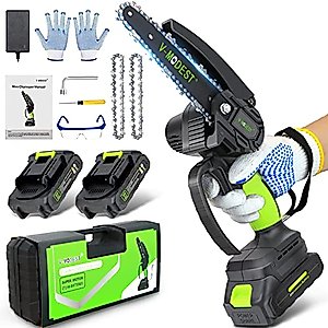 6 inch Mini Chainsaw Cordless, V-MODEST Upgraded Portable Handheld Electric Chain Saw Powered by 2 * 24V Rechargeable Battery, Small Chainsaw with Security Lock for Tree Branches Wood Cutting