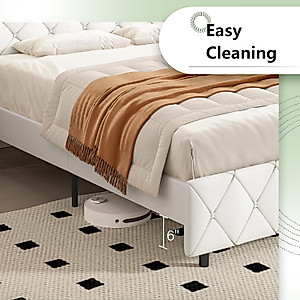 HOMBCK Queen Size Bed Frame with Diamond Headboard, White Upholstered Platform Queen Bed Frame Faux Leather with Gold Wingback, Strong Wood Slat Support, Easy Assembly, White