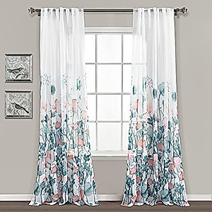 Lush Decor Zuri Flora Sheer Window Curtain Panel Pair, 84" Long x 38" Wide, Blue & Coral